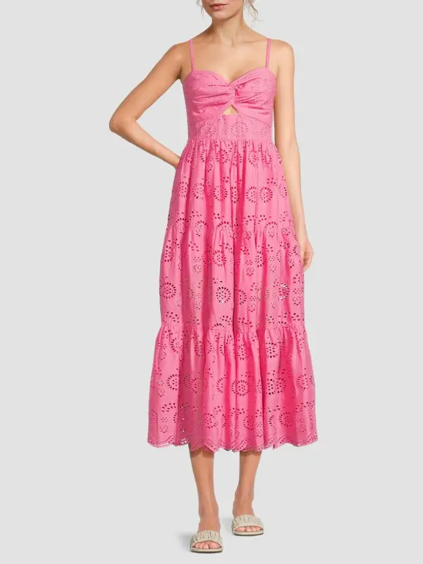CHANGE OF SCENERY Jillian Eyelet Midi-dress - Hibiscus