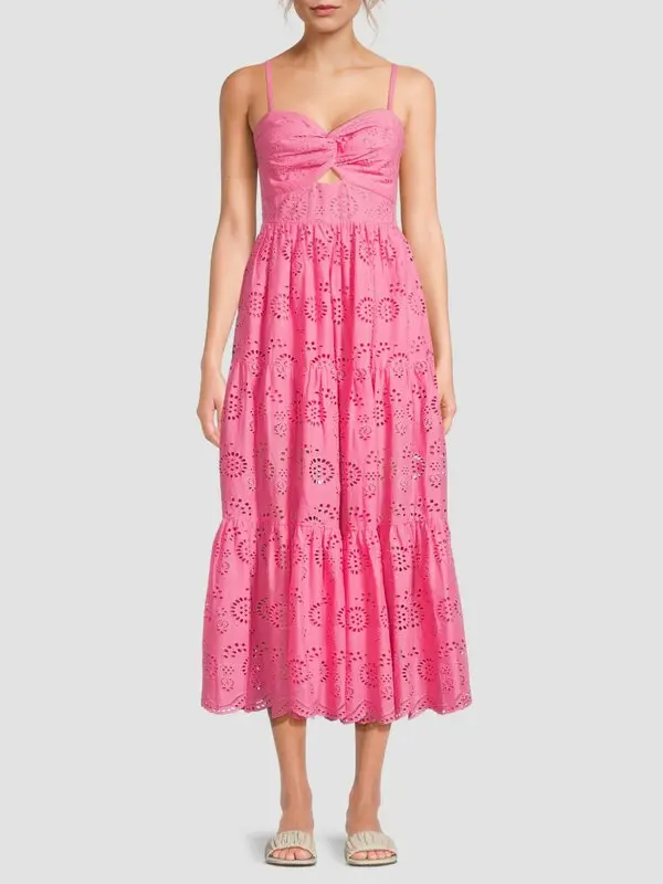 CHANGE OF SCENERY Jillian Eyelet Midi-dress - Hibiscus