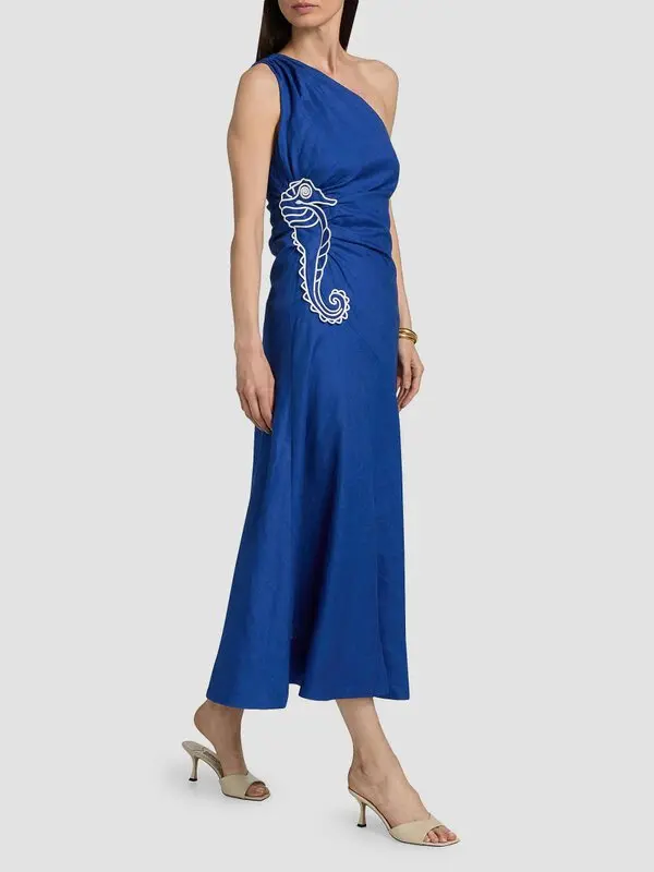 Farm Rio Seahorse-embroidered One-shoulder Midi-dress