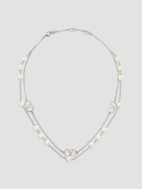 Valentino Garavani Vlogo Signature Metal Necklace With Swarovski Pearls - Palladium