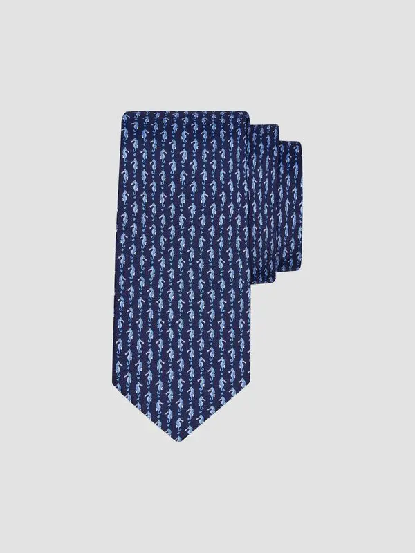 FERRAGAMO Seahorse And Mini Hearts Silk Tie - Navy