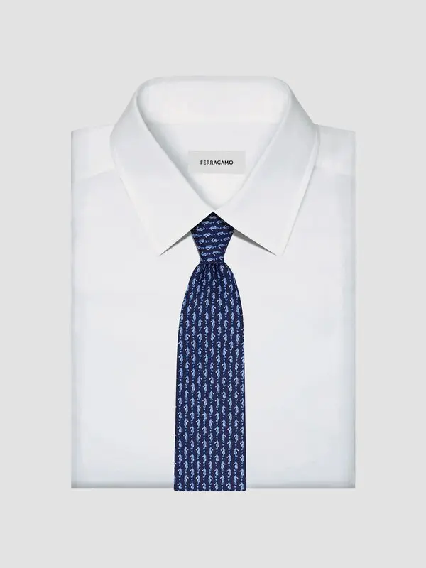 FERRAGAMO Seahorse And Mini Hearts Silk Tie - Navy