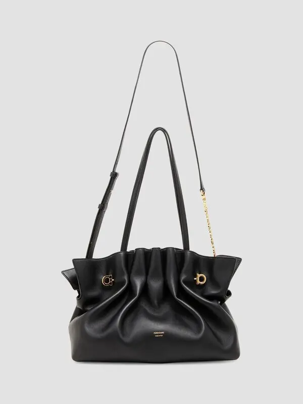 FERRAGAMO Medium Gancio Piercing Gathered Leather Shoulder Bag