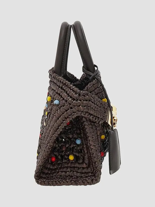 FERRAGAMO Hug Mini Raffia & Leather Top Handle Bag