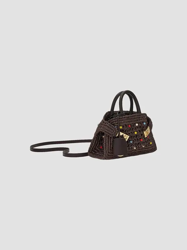 FERRAGAMO Hug Mini Raffia & Leather Top Handle Bag