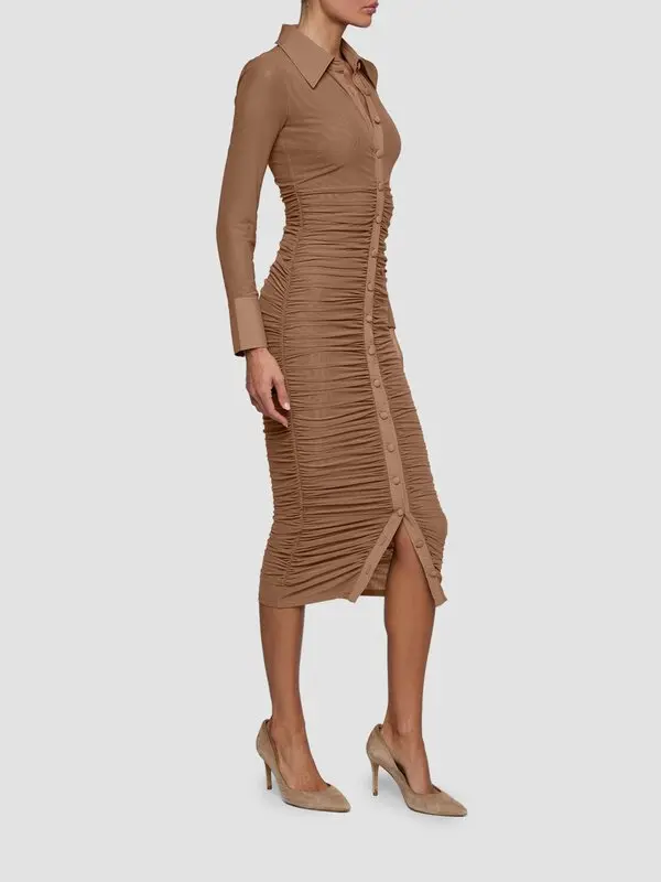 L'Agence Adriana Ruched Body-con Midi Shirtdress