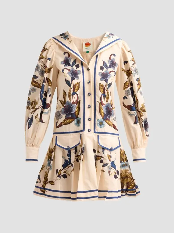 Farm Rio Golden Nature Long-sleeve Mini Dress - Light Beige