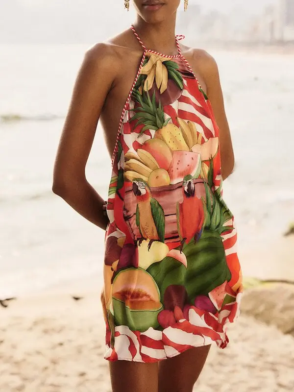 Farm Rio Parrot Print Halter Mini Dress
