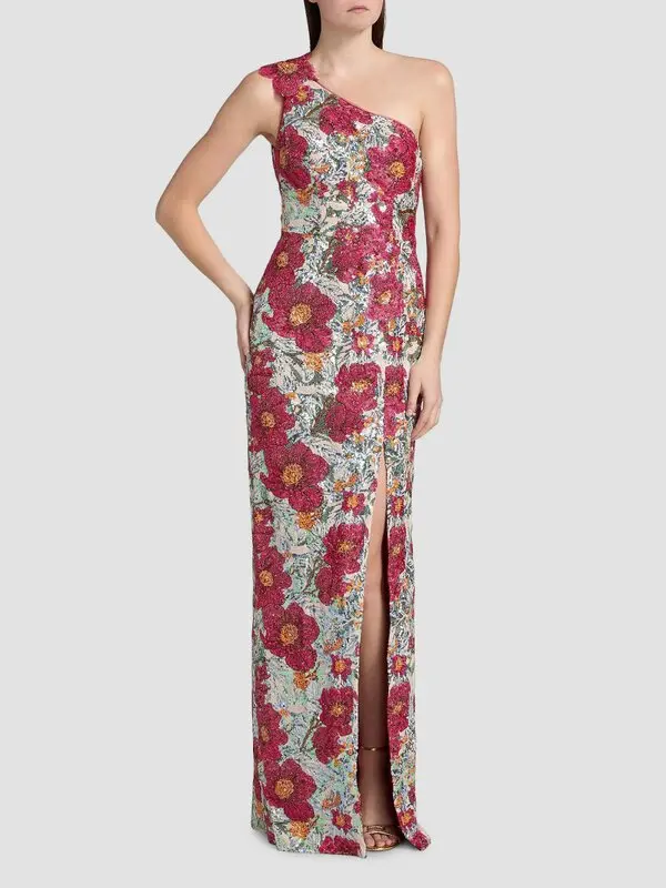 Rene Ruiz Collection One-shoulder Sequin-embellished Column Gown