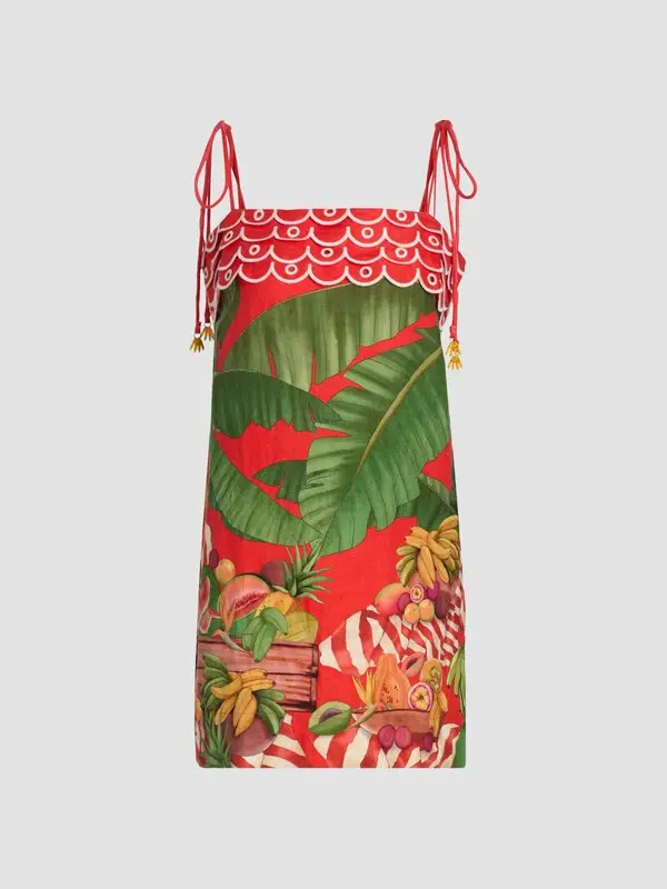 Farm Rio Fruit Trolley Banana Tassels Mini Dress - Red