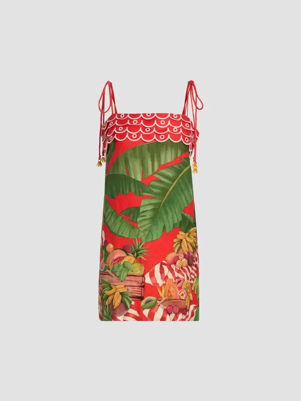 Farm Rio Fruit Trolley Banana Tassels Mini Dress - Red
