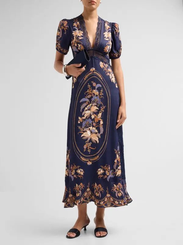 Farm Rio Lara Floral V-neck Midi Dress - Blue