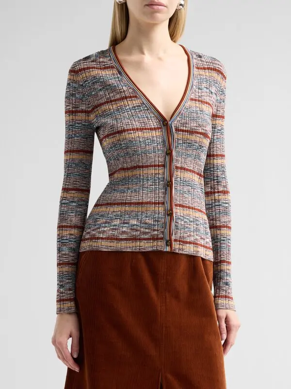 Veronica Beard Calliope Striped Ribbed-knit V-neck Cardigan