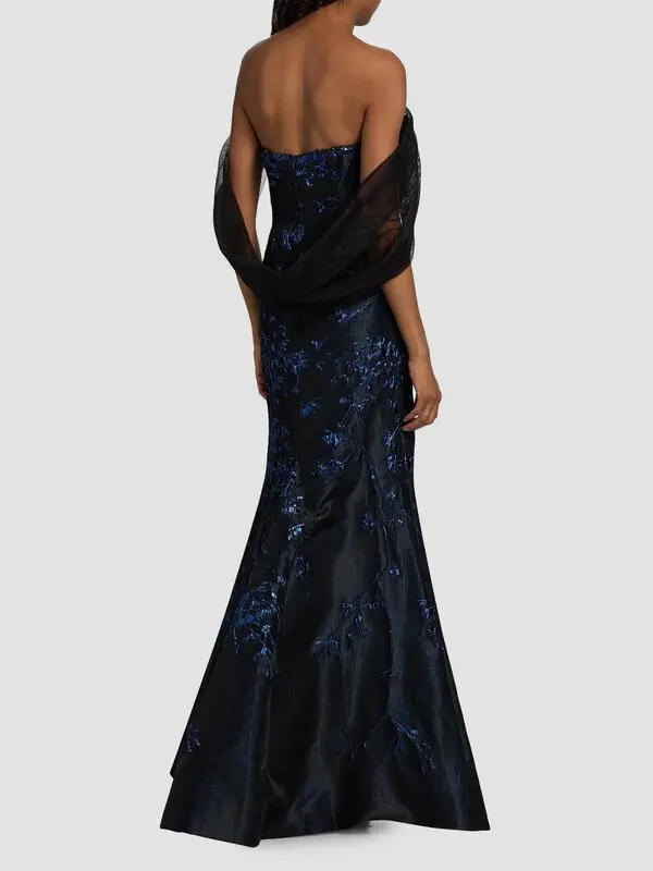Rene Ruiz Collection Draped-wrap Brocade Gown