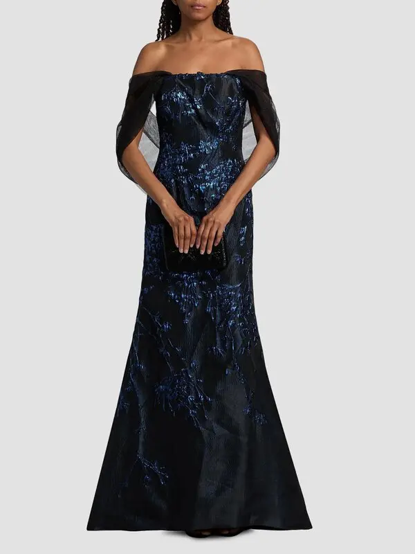 Rene Ruiz Collection Draped-wrap Brocade Gown