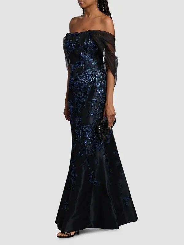 Rene Ruiz Collection Draped-wrap Brocade Gown