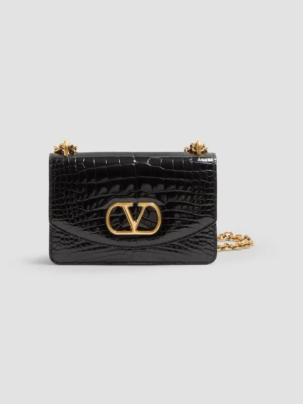 Valentino Garavani Vain Small Shoulder Bag In Crocodile Leather - Black