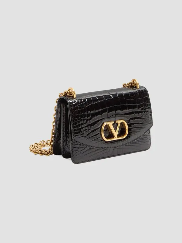 Valentino Garavani Vain Small Shoulder Bag In Crocodile Leather - Black