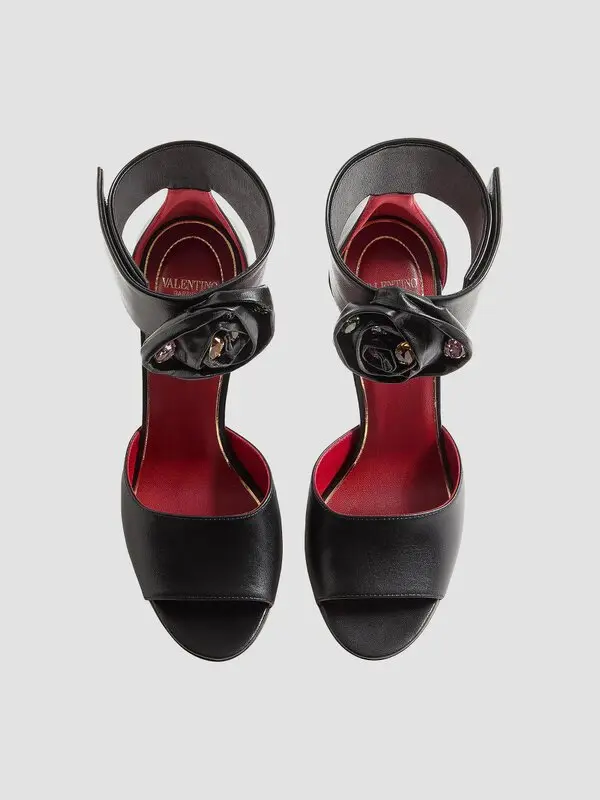 Valentino Garavani Drip Rose Kidskin 105mm Sandals With Crystals - Black