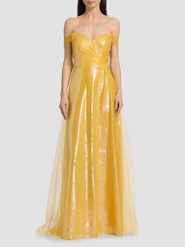 Rene Ruiz Collection Draped Off-the-shoulder Tulle Gown