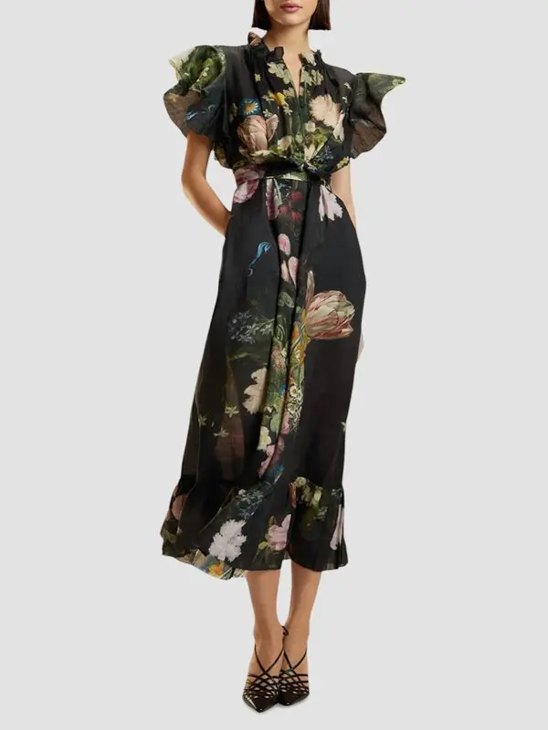 Cynthia Rowley Floral Tie-waist Ramie Caftan Midi-dress - Black