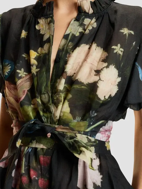 Cynthia Rowley Floral Tie-waist Ramie Caftan Midi-dress - Black