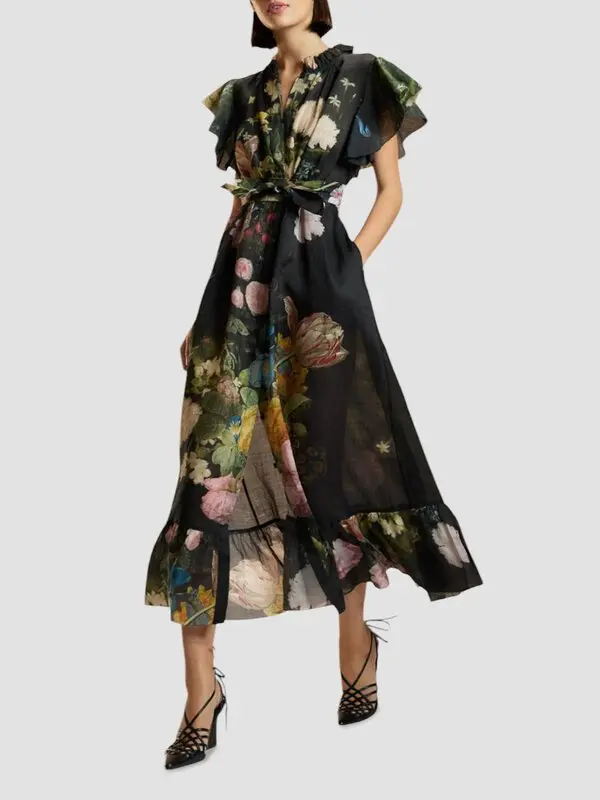 Cynthia Rowley Floral Tie-waist Ramie Caftan Midi-dress - Black