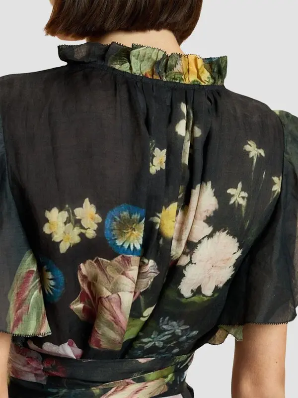 Cynthia Rowley Floral Tie-waist Ramie Caftan Midi-dress - Black