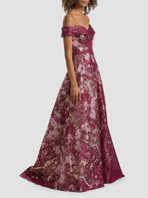 Rene Ruiz Collection Brocade Off-the-shoulder Gown