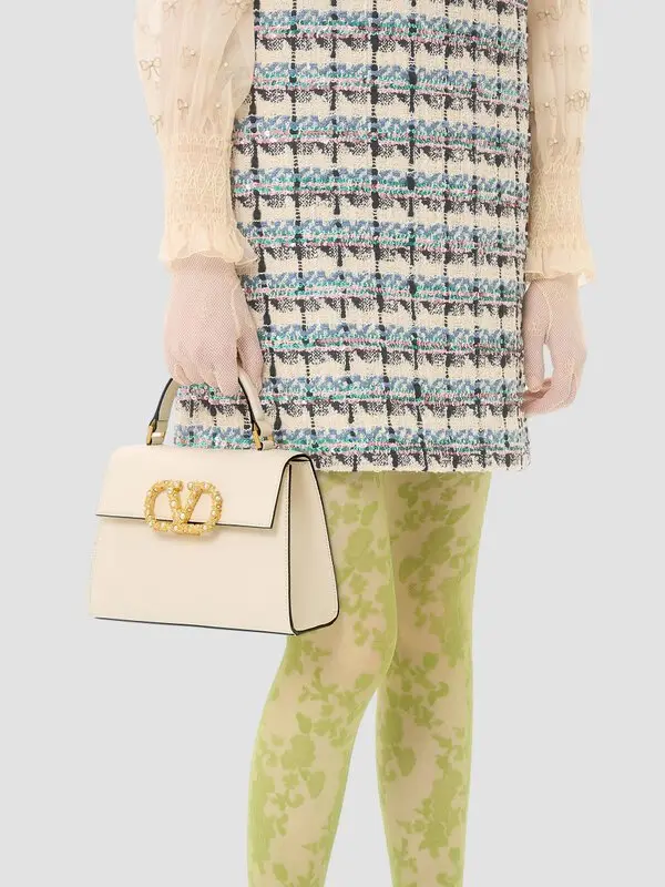 Valentino Garavani Vsling Small Top Handle Bag In Grainy Calfskin - Ivory