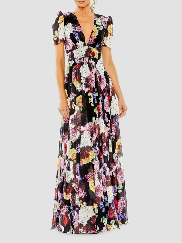Mac Duggal Ieena Floral Chiffon Gown - Black Multi