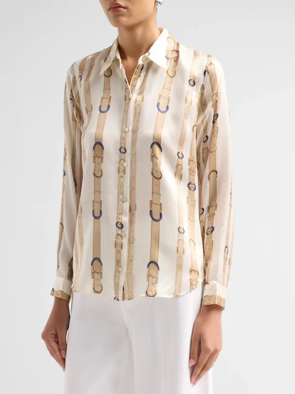 L'Agence Tyler Belt Print Silk Blouse - Ecru Multi Stud