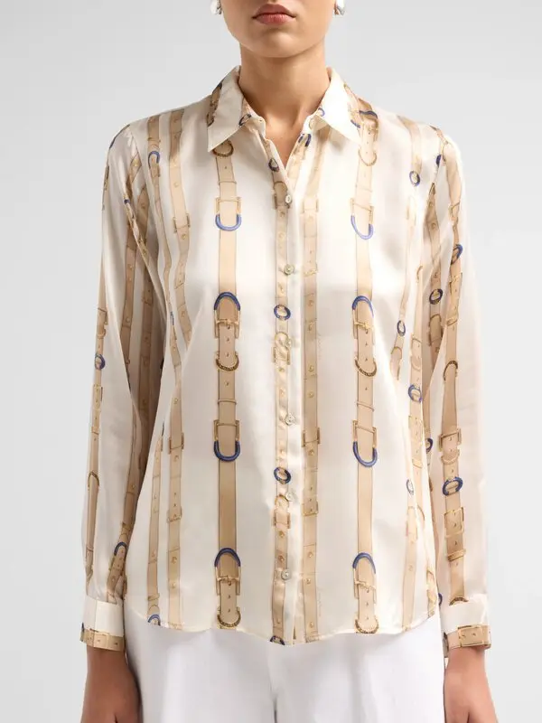 L'Agence Tyler Belt Print Silk Blouse - Ecru Multi Stud
