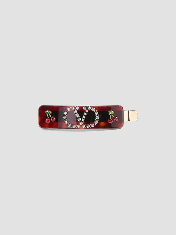 Valentino Garavani Vlogo Signature Hair Clip In Resin, Metal And Swarovski Crystals - Brown