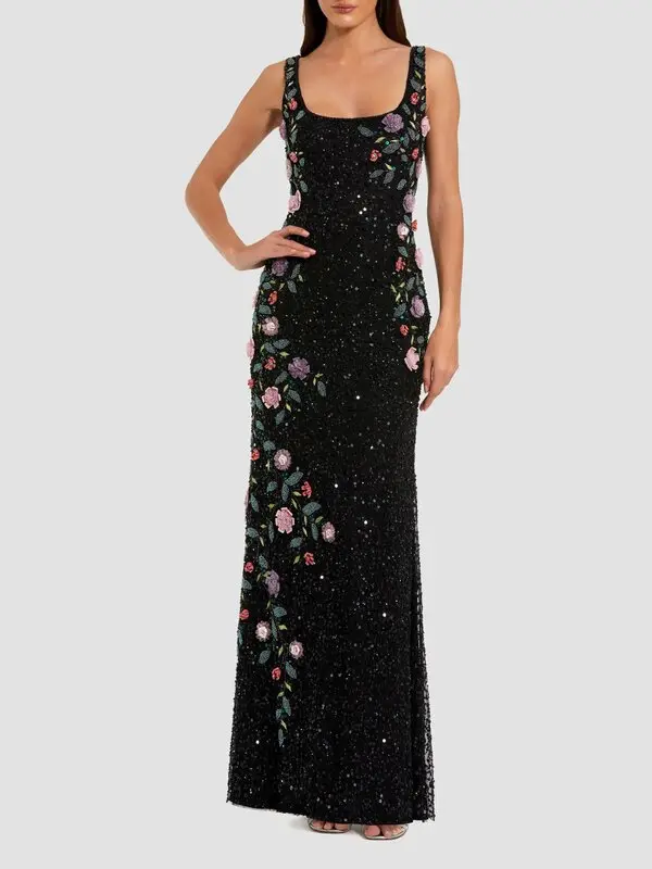 Mac Duggal Evening Embellished Floral Scoopneck Gown - Black Multi