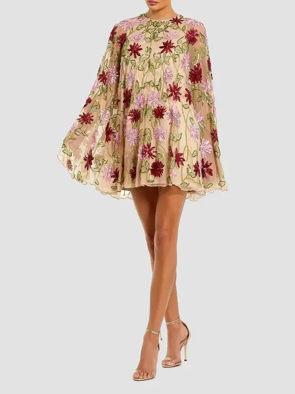 Mac Duggal Cocktail Embellished Floral Mesh Cape Minidress - Beige Multi