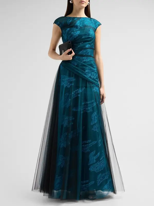 Rene Ruiz Collection Illusion Tulle & Fil Coupe Draped Gown