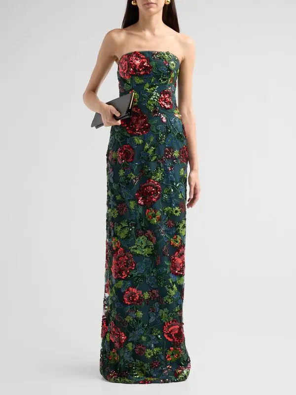 Rene Ruiz Collection Floral-sequin Embroidered Strapless Column Gown