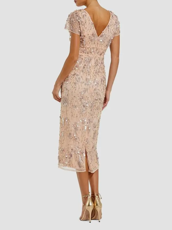 Mac Duggal Cocktail Embellished Mesh Cap-sleeve Midi-dress - Blush