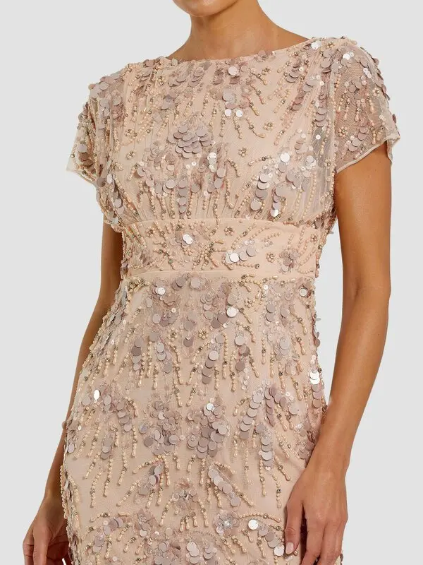 Mac Duggal Cocktail Embellished Mesh Cap-sleeve Midi-dress - Blush