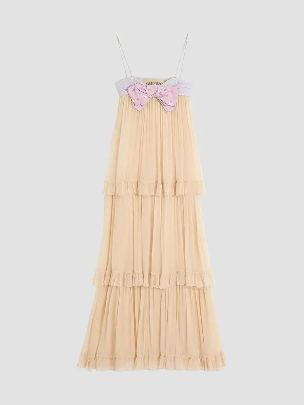 Valentino Garavani Embroidered Long Dress In Crepponne Chiffon - Natural