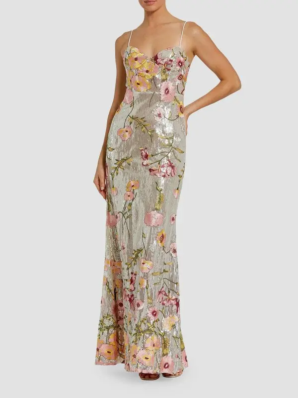 Mac Duggal Bustier Floral Appliqué Gown - Silver Multi