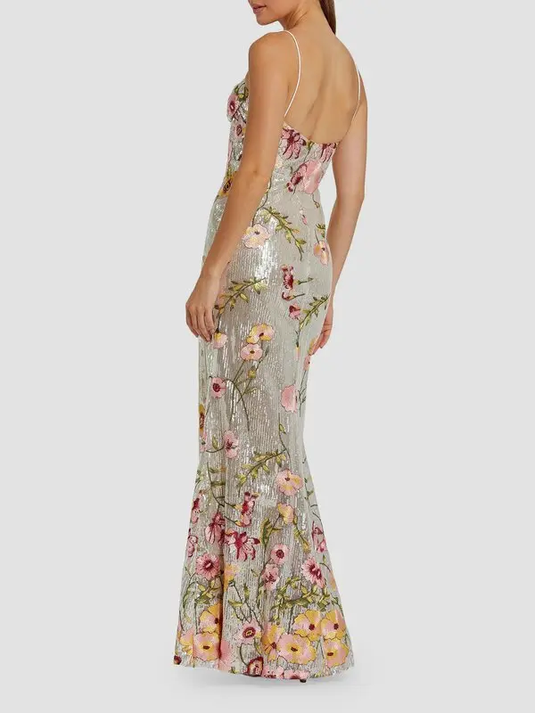 Mac Duggal Bustier Floral Appliqué Gown - Silver Multi