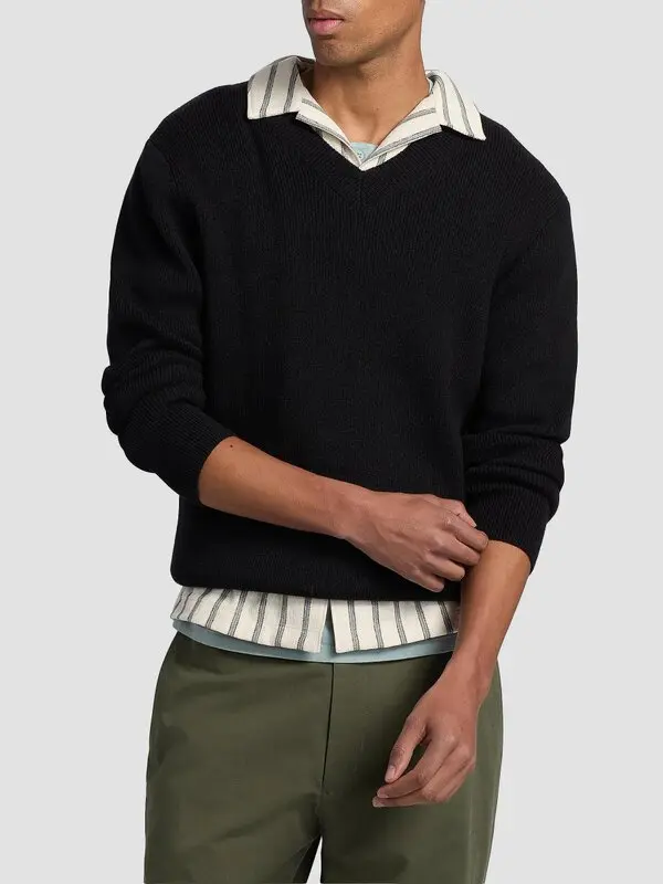 Vince Rib-knit Cotton-blend V-neck Sweater - Black