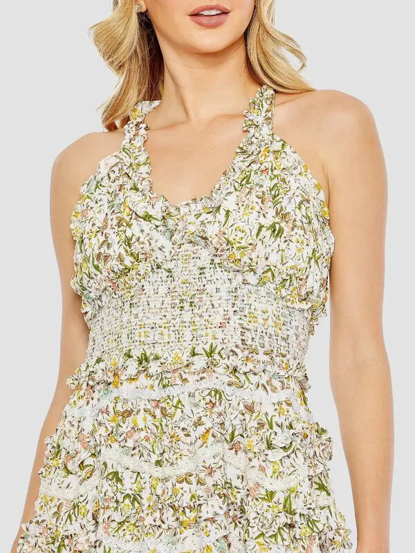Mac Duggal Floral Ruffle Tiered Smocked Maxi Dress