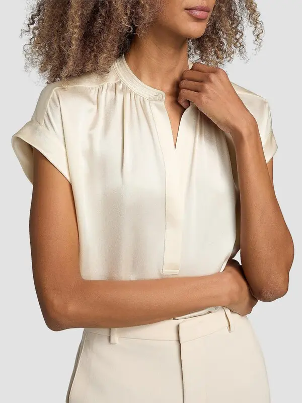 Vince Silk Gathered Neck Cap-sleeve Blouse - Creme