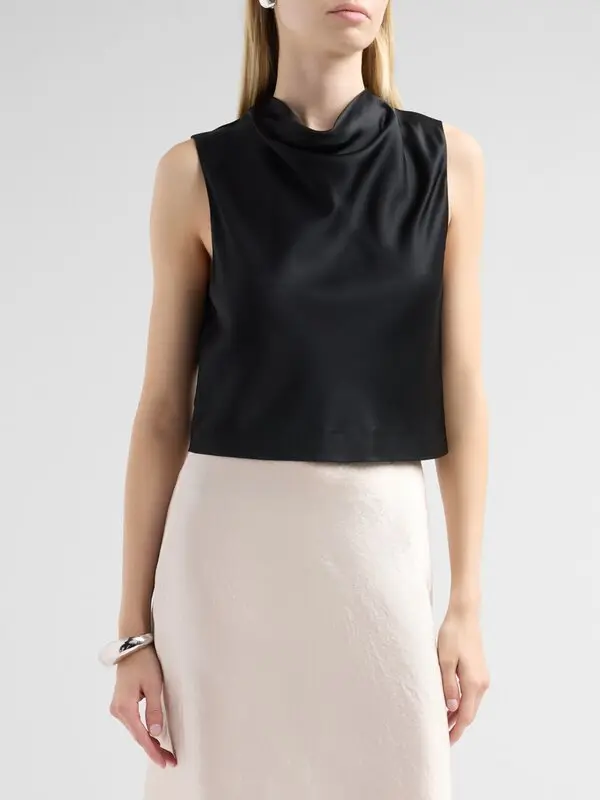 Vince Satin Cowlneck Crop Top - Black