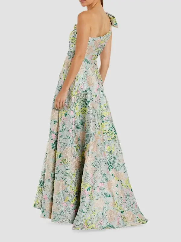 Mac Duggal Floral Brocade Bow One-shoulder Gown - Pastel Multi