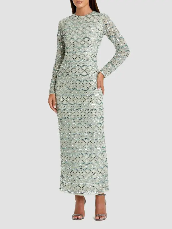 Mac Duggal Geometric Embellished Mesh Column Gown - Jade