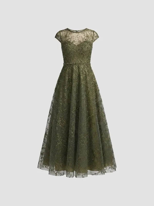 Mac Duggal Embellished Jewel Neck A-line Cocktail Dress - Olive
